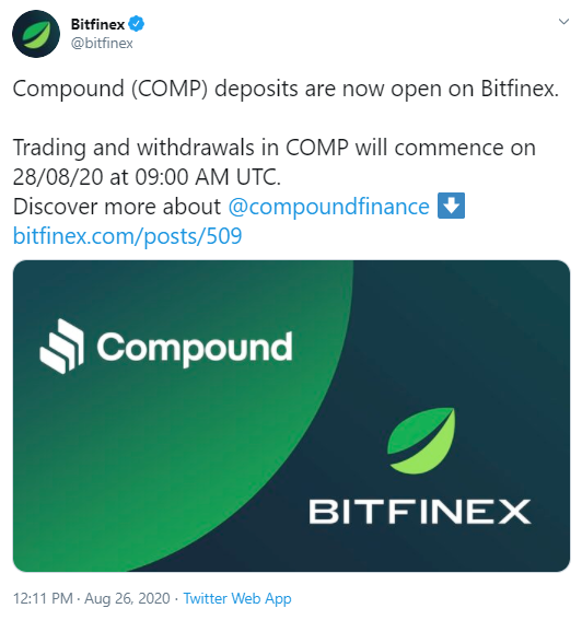Bitfinex Lists Popular Compound (COMP) DeFi Token, Trading to Launch on ...